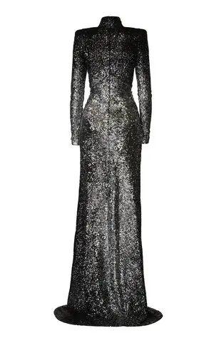 Naeem Khan Ombre Draped Mock Neck Stretch Sequin Gown With Front Slit