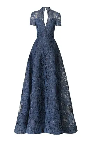 Naeem Khan Raffia V-neck Cap Sleeve Gown - Navy
