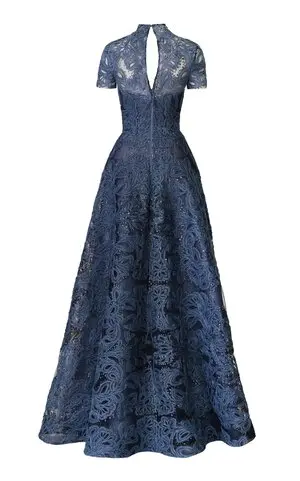 Naeem Khan Raffia V-neck Cap Sleeve Gown