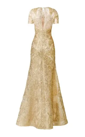 Naeem Khan Metallic Raffia Cap Sleeve Fit-and-flare Gown