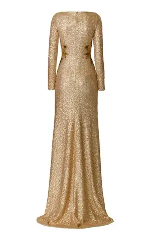 Naeem Khan Long Sleeve Boatneck Stretch Sequin Gown With Hand-beaded Applique