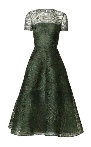 Naeem Khan Metallic Raffia Cap Sleeve Cocktail Dress Green