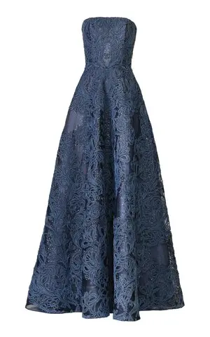 Naeem Khan Raffia Bustier Strapless Gown - Navy