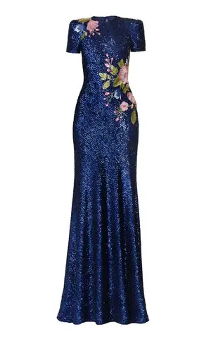 Naeem Khan Stretch Sequin Cap Sleeve Gown With Floral Applique - Blue