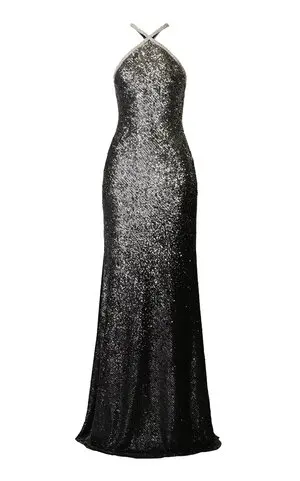 Naeem Khan Ombre Halter Stretch Sequin Gown With Crystal Trim - Black