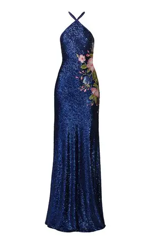 Naeem Khan Halter Stretch Sequin Gown With Floral Applique - Blue