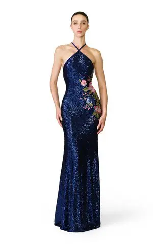 Naeem Khan Halter Stretch Sequin Gown With Floral Applique