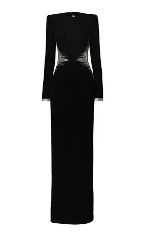 Naeem Khan Beaded Waist Long Sleeve Crepe Column Gown - Black