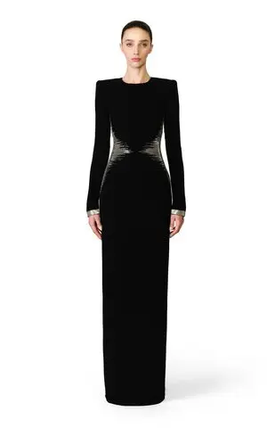 Naeem Khan Beaded Waist Long Sleeve Crepe Column Gown