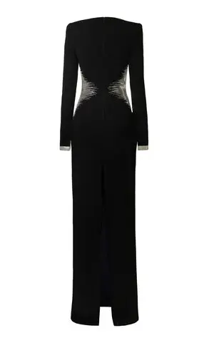 Naeem Khan Beaded Waist Long Sleeve Crepe Column Gown