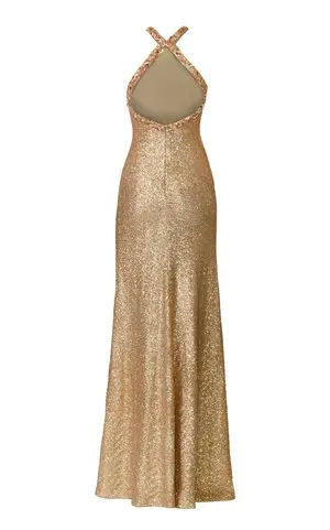 Naeem Khan Halter Stretch Sequin Gown With Crystal Trim