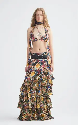 DAR ZÉRO STUDIO Ruffled Silk Georgette Maxi Skirt - Multi
