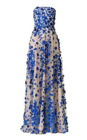 Naeem Khan Beaded Floral Bustier Strapless Gown - Blue
