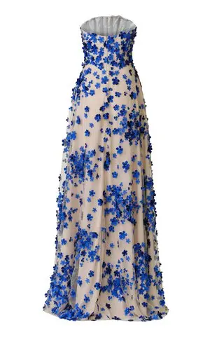 Naeem Khan Beaded Floral Bustier Strapless Gown