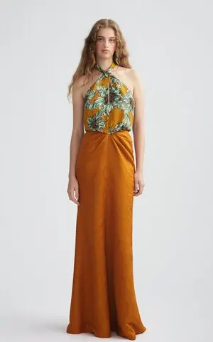 DAR ZÉRO STUDIO Exclusive Geometric Silk Jacquard Halter Twist Neck Maxi Dress