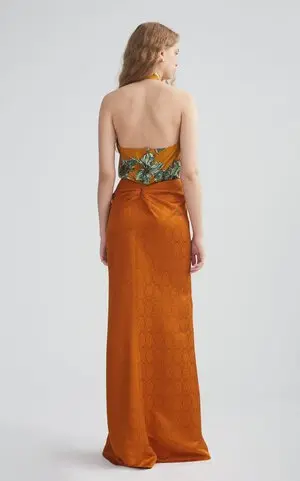 DAR ZÉRO STUDIO Exclusive Geometric Silk Jacquard Halter Twist Neck Maxi Dress