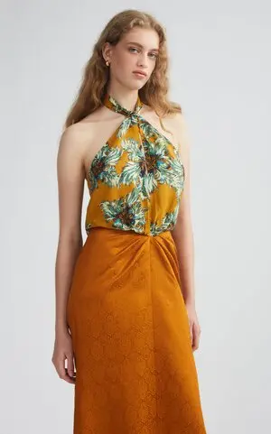 DAR ZÉRO STUDIO Exclusive Geometric Silk Jacquard Halter Twist Neck Maxi Dress