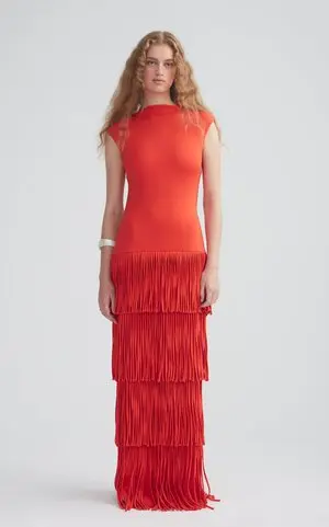 DAR ZÉRO STUDIO Exclusive Fringed Neoprene Maxi Dress - Red