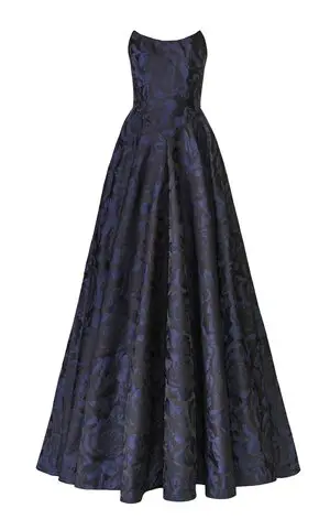 Naeem Khan Floral Jacquard Bustier Strapless Gown - Navy