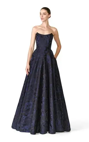 Naeem Khan Floral Jacquard Bustier Strapless Gown