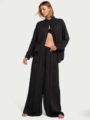 Victoria's Secret Sheer Chiffon Pleated Wide-leg Pants - Black