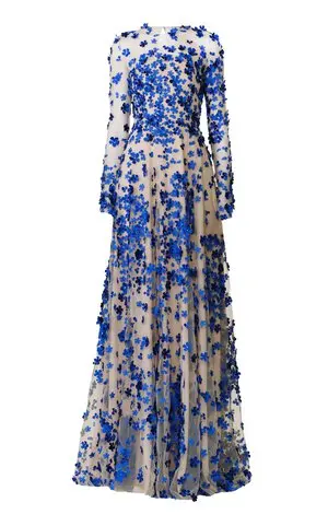 Naeem Khan Beaded Floral Long Sleeve Gown - Blue