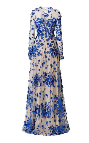 Naeem Khan Beaded Floral Long Sleeve Gown