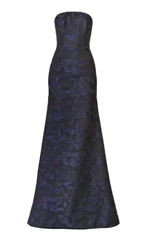 Naeem Khan Floral Jacquard Bustier Strapless Fit-and-flare Gown - Navy