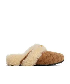 Celine Fur Slides Triomphe Closed Slipper In Suede Calfskin And Shearling - Brown