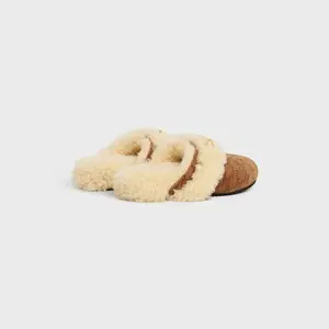Celine Fur Slides Triomphe Closed Slipper In Suede Calfskin And Shearling