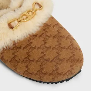 Celine Fur Slides Triomphe Closed Slipper In Suede Calfskin And Shearling