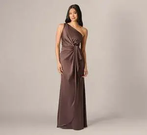 Adrianna Papell One Shoulder Draped Knot Waist Satin Gown - Dark Brown