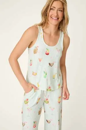PJ Salvage It's Five O'clock Somewhere Cocktail Print Tank Top - Light Aqua