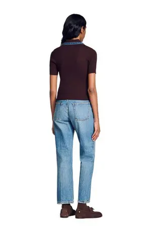 Sandro Rib-knit Polo Sweater With Denim Collar And Zip Placket