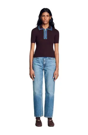 Sandro Rib-knit Polo Sweater With Denim Collar And Zip Placket