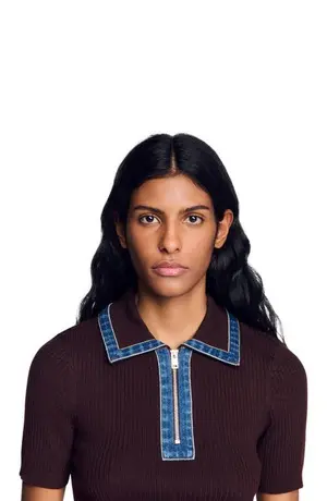 Sandro Rib-knit Polo Sweater With Denim Collar And Zip Placket