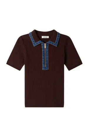Sandro Rib-knit Polo Sweater With Denim Collar And Zip Placket