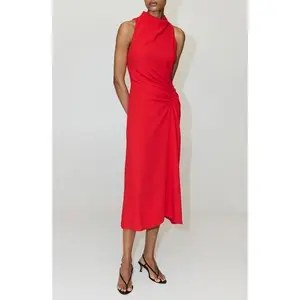 Mango Ruched Draped Neck Midi Dress