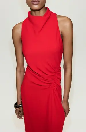 Mango Ruched Draped Neck Midi Dress