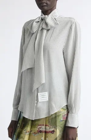 Thom Browne Striped Silk Shirt With Detachable Bow Collar - Medium Grey
