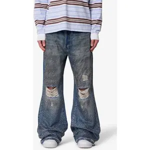 Mnml Rhinestone Ripped Kick Flare Jeans