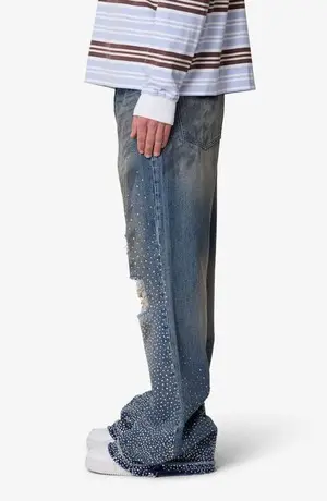 Mnml Rhinestone Ripped Kick Flare Jeans