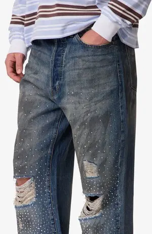 Mnml Rhinestone Ripped Kick Flare Jeans