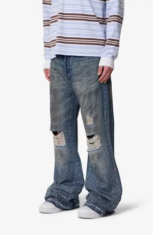 Mnml Rhinestone Ripped Kick Flare Jeans - Blue