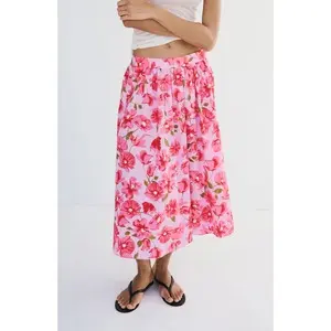 Mango Floral Cotton Midi Skirt - Pink