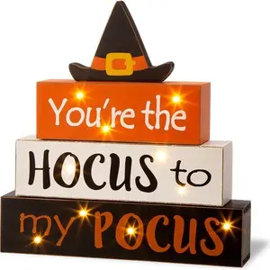 GLITZHOME 11.5"h Halloween Wooden Lighted Witch/word Block Table Decor W/timer - Brown