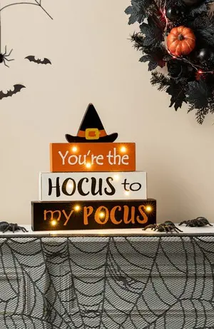 GLITZHOME 11.5"h Halloween Wooden Lighted Witch/word Block Table Decor W/timer