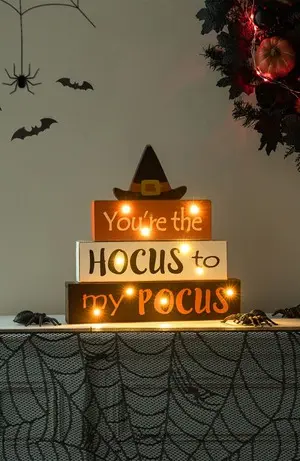 GLITZHOME 11.5"h Halloween Wooden Lighted Witch/word Block Table Decor W/timer