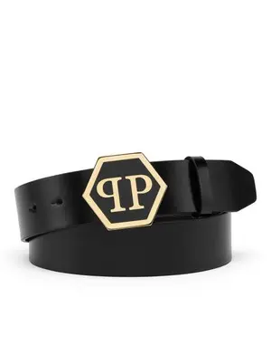 Philipp Plein Hexagonal Logo Leather Belt - Black/lightgold