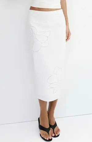 Mango Floral Embroidered Midi Skirt - White